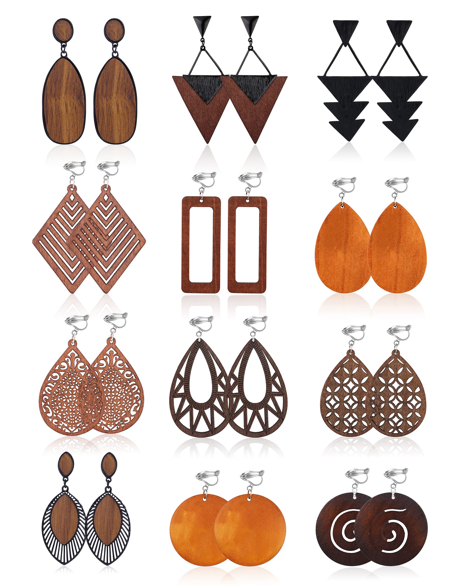 PATISORNA 12 Pairs Wooden Clip on Earrings for Women African Natural Wooden Dangle Earrings Lightweight Drop Earrings Ethnic Statement Drop Earrings Set Style A