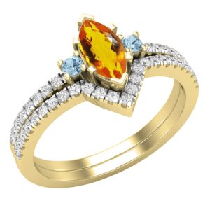 dazzlingrock collection 8x4 mm marquise citrine, round blue topaz & white diamond 3 stone wedding ring set for women, 10k yellow gold, size 10