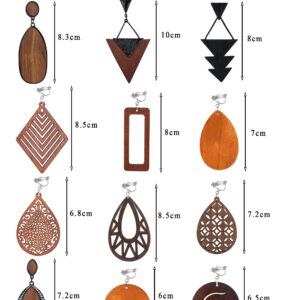 PATISORNA 12 Pairs Wooden Clip on Earrings for Women African Natural Wooden Dangle Earrings Lightweight Drop Earrings Ethnic Statement Drop Earrings Set Style A