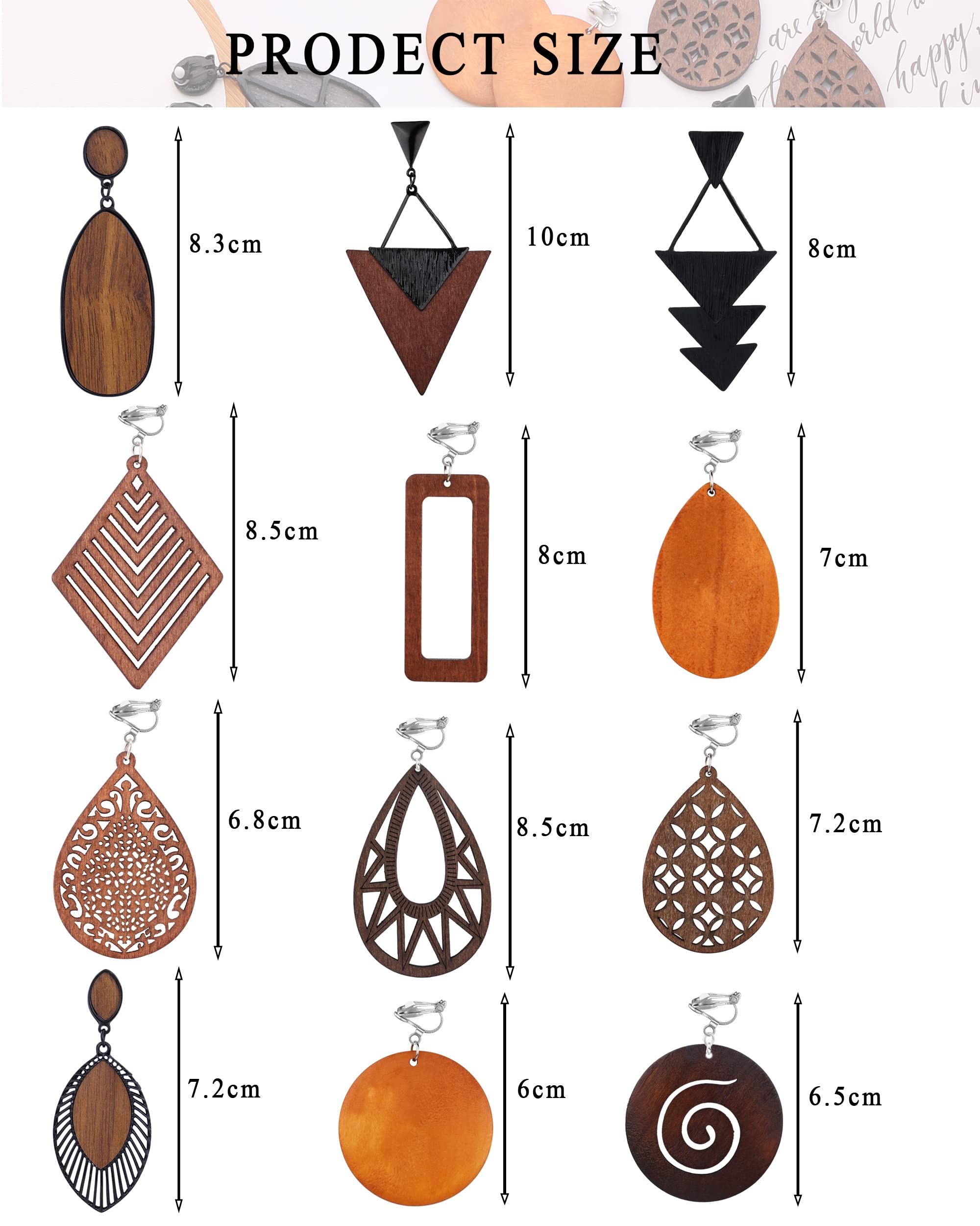 PATISORNA 12 Pairs Wooden Clip on Earrings for Women African Natural Wooden Dangle Earrings Lightweight Drop Earrings Ethnic Statement Drop Earrings Set Style A