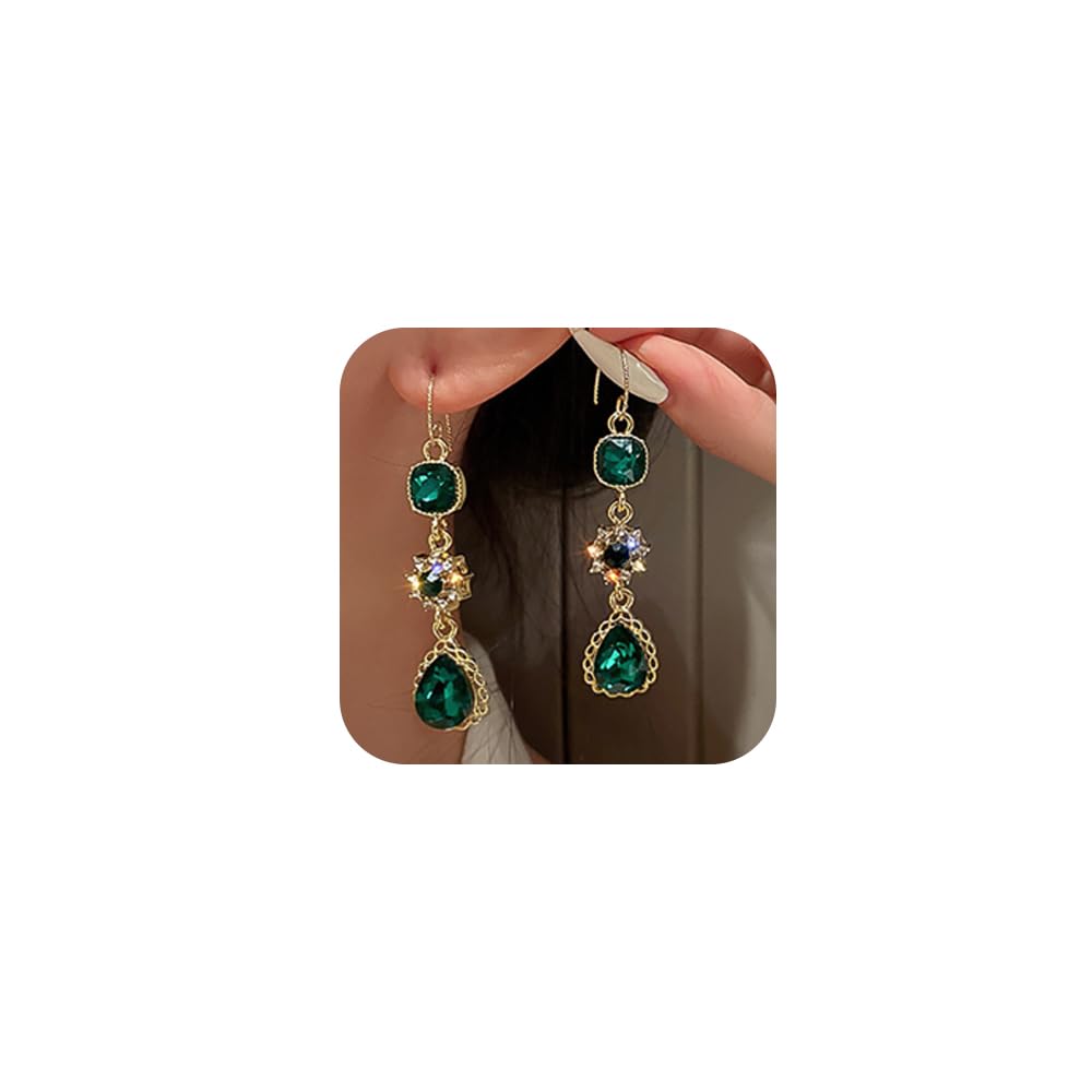 Girlssory Emerald Green Earrings Emerald Green Crystal Dangle Earring Drop Earrings Wedding Bridal Jewelry for Women (Style 2)