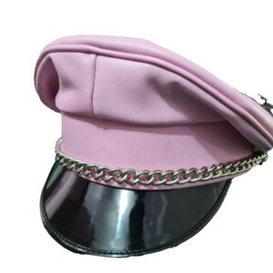 Real Leather Pink Leather Biker Peaked Muir Army Police Gay Chain Cap Party Hat, 7 1/4