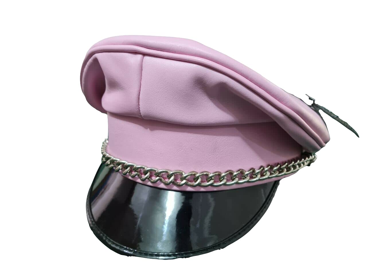 Real Leather Pink Leather Biker Peaked Muir Army Police Gay Chain Cap Party Hat, 7 1/4