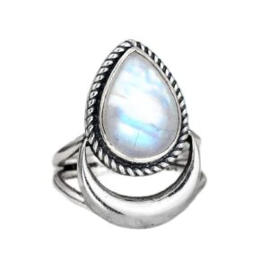 awmnjtmgpw 925 sterling silver rainbow moonstone moon women's retro ring creative tear shaped water drop crescent punk ring size 6-10 (size 9)