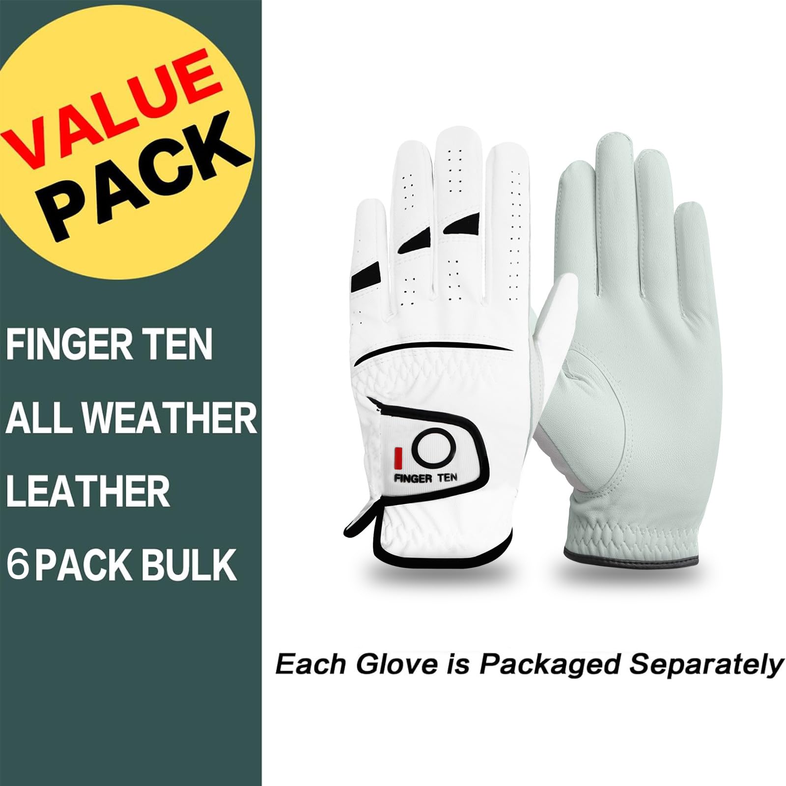 FINGER TEN Golf Gloves Men Left Right Hand Handed Golfer Value Pack (6 Pack, Small, Left)