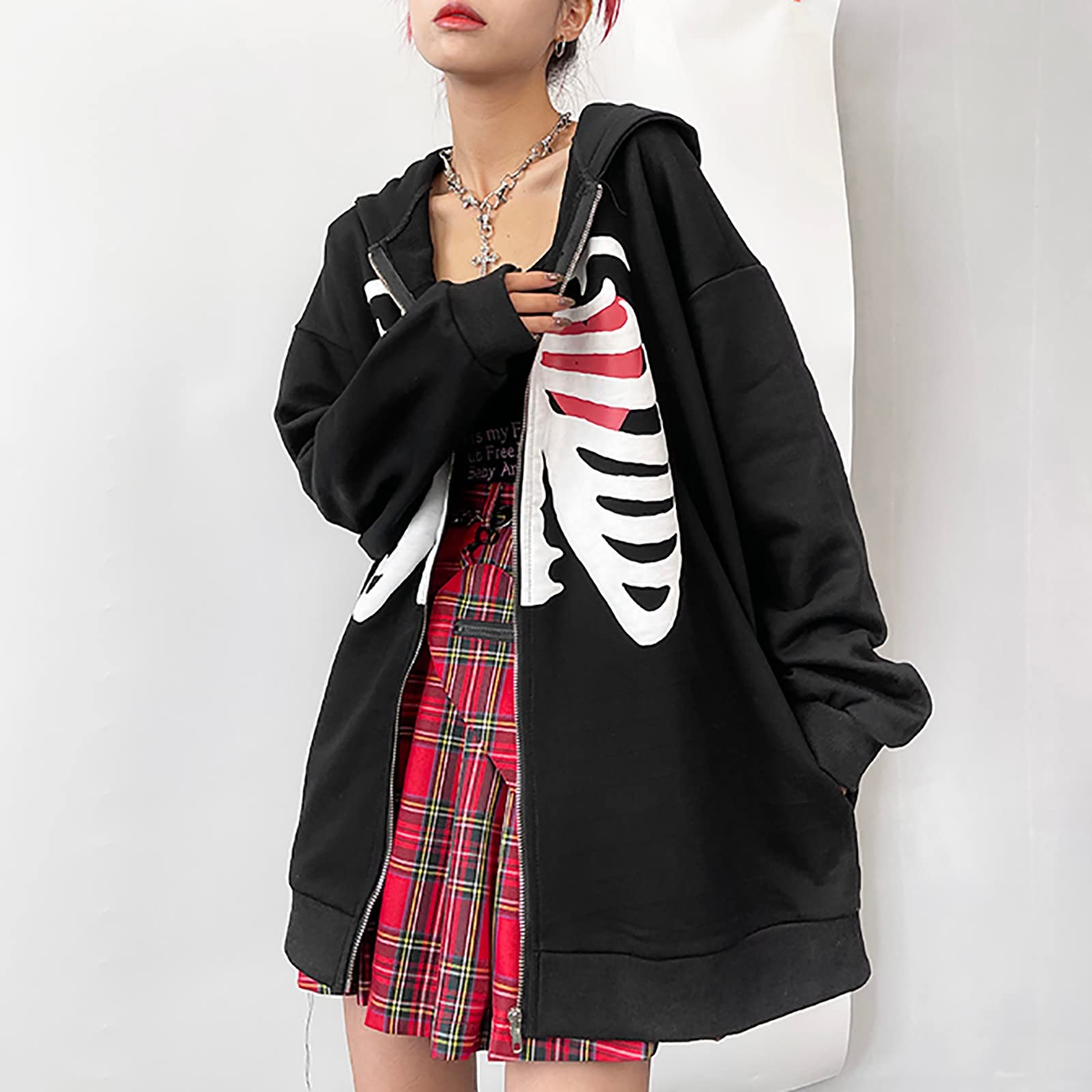 zhuiming Skeleton Zip Up Hoodie for Women Y2k Oversized Skull Graphic Zipper Hooded Jackets Sweatshirts Tops Cute Stuff for Teen Girls Alt Clothing Indie Aesthetic Fairy Grunge Emo Preppy Clothes