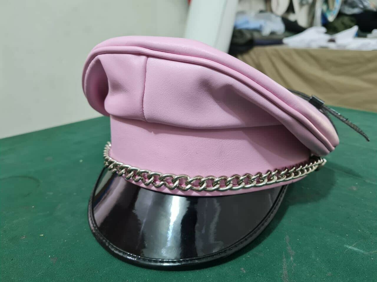 Real Leather Pink Leather Biker Peaked Muir Army Police Gay Chain Cap Party Hat, 7 1/4