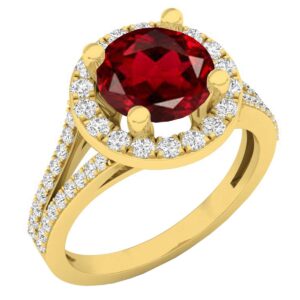 dazzlingrock collection 18k 8 mm round garnet & white diamond ladies split shank halo engagement ring, yellow gold, size 10