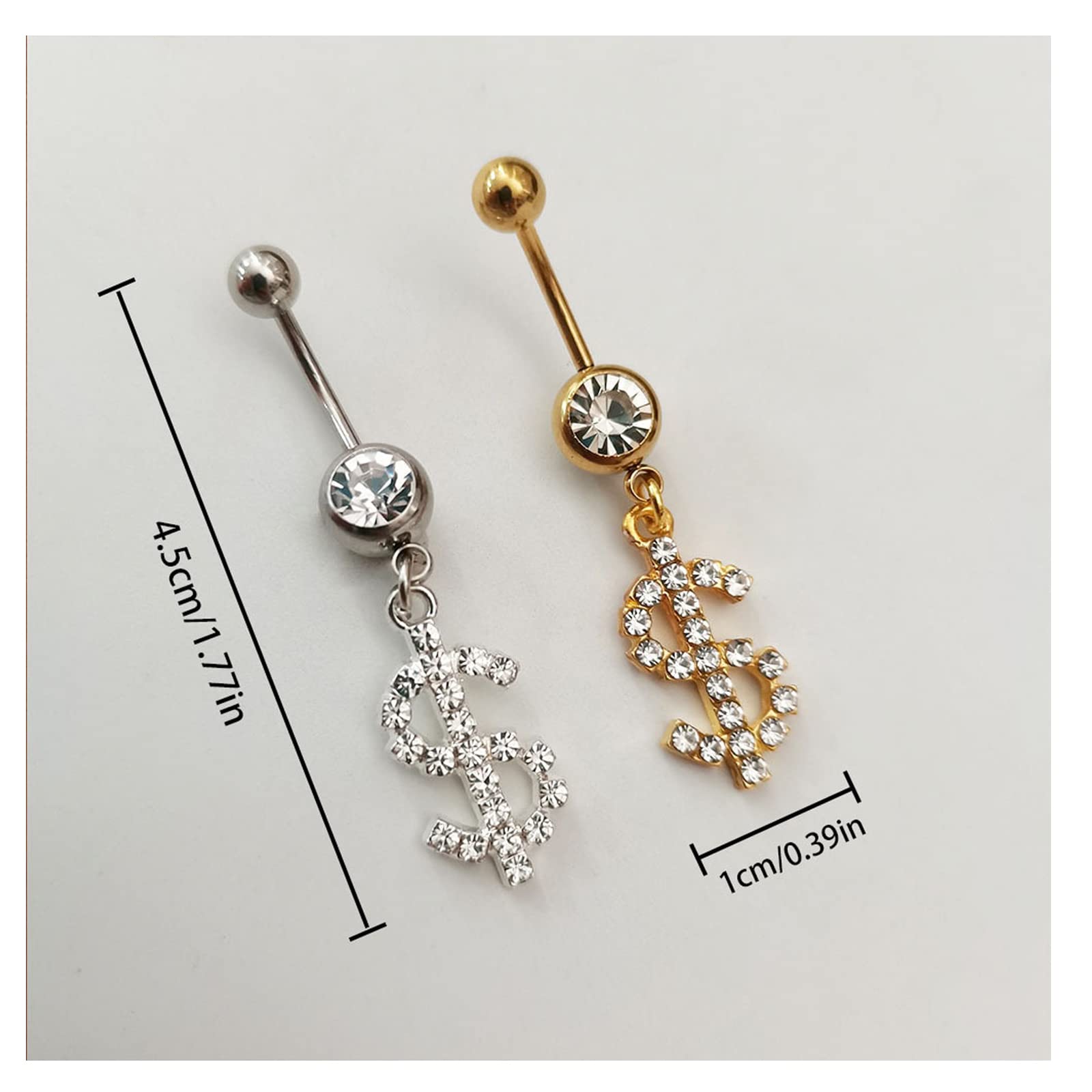 Rhinestone Dollar Sign Belly Button Ring Summer Navel Piercing Dangle Belly Button Rings Bars Bikini Waist Body Jewelry for Women (Silver)