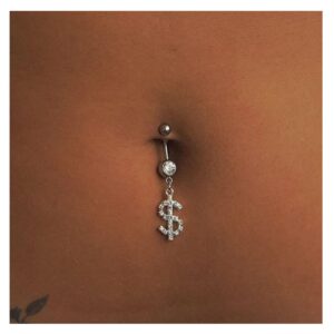 Rhinestone Dollar Sign Belly Button Ring Summer Navel Piercing Dangle Belly Button Rings Bars Bikini Waist Body Jewelry for Women (Silver)