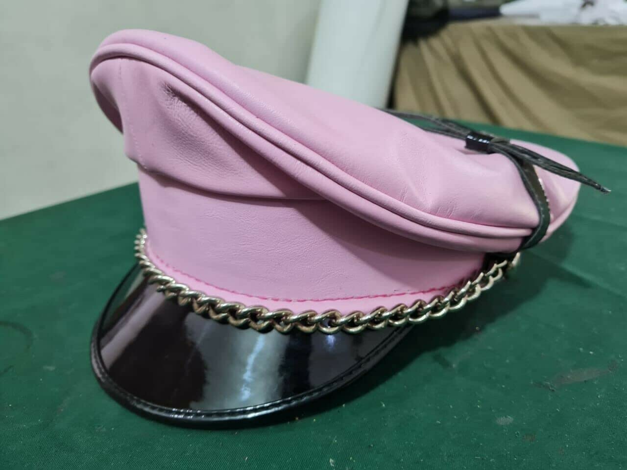 Real Leather Pink Leather Biker Peaked Muir Army Police Gay Chain Cap Party Hat, 7 1/4