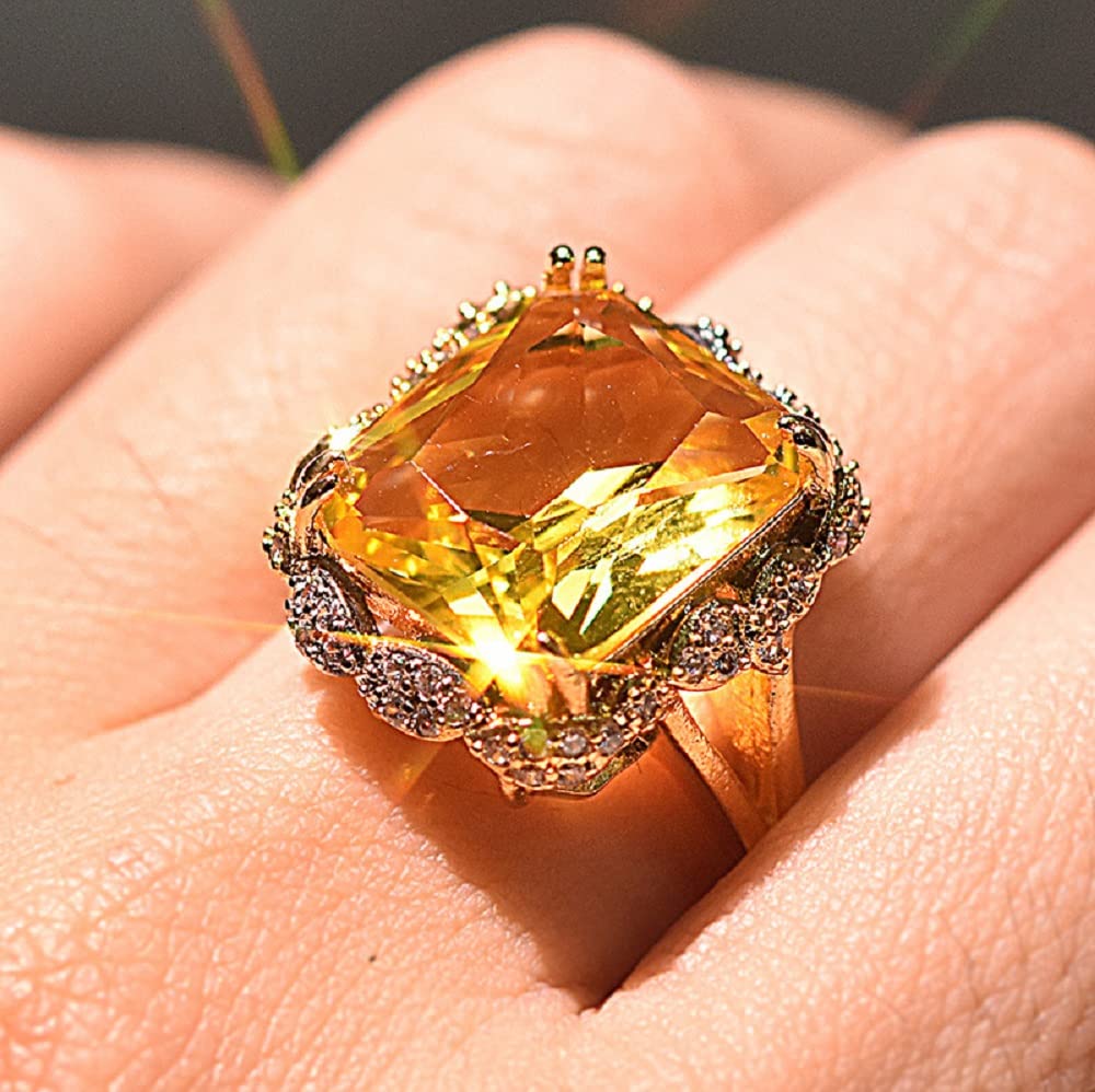 925 Sterling Silver Set Champagne Square Diamond Ring Fashion Citrine Gold Plated Gemstone Ring Yellow Diamond Ring Princess Cut Cubic Zirconia Citrine Ring Wedding Ring Size 6-10 570 (7)