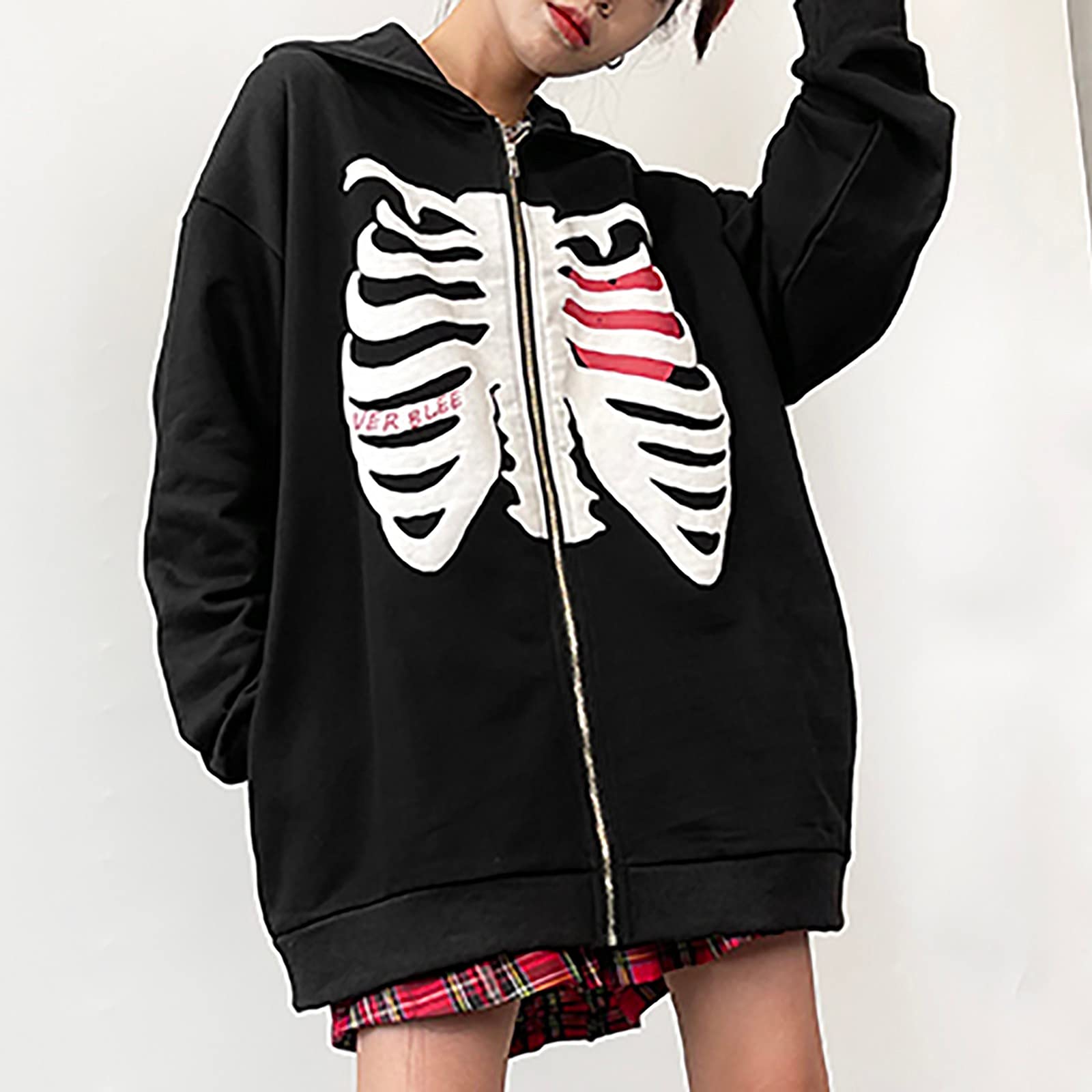 zhuiming Skeleton Zip Up Hoodie for Women Y2k Oversized Skull Graphic Zipper Hooded Jackets Sweatshirts Tops Cute Stuff for Teen Girls Alt Clothing Indie Aesthetic Fairy Grunge Emo Preppy Clothes