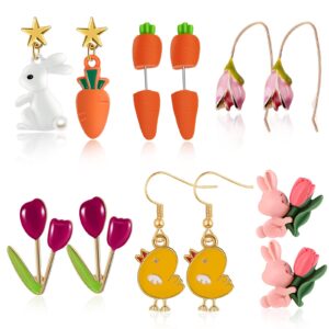 6 pairs easter earrings rabbit carrot tulip chick earrings flower stud earrings pink flower earrings clay bunny statement dangle earrings for girls women, 6 styles