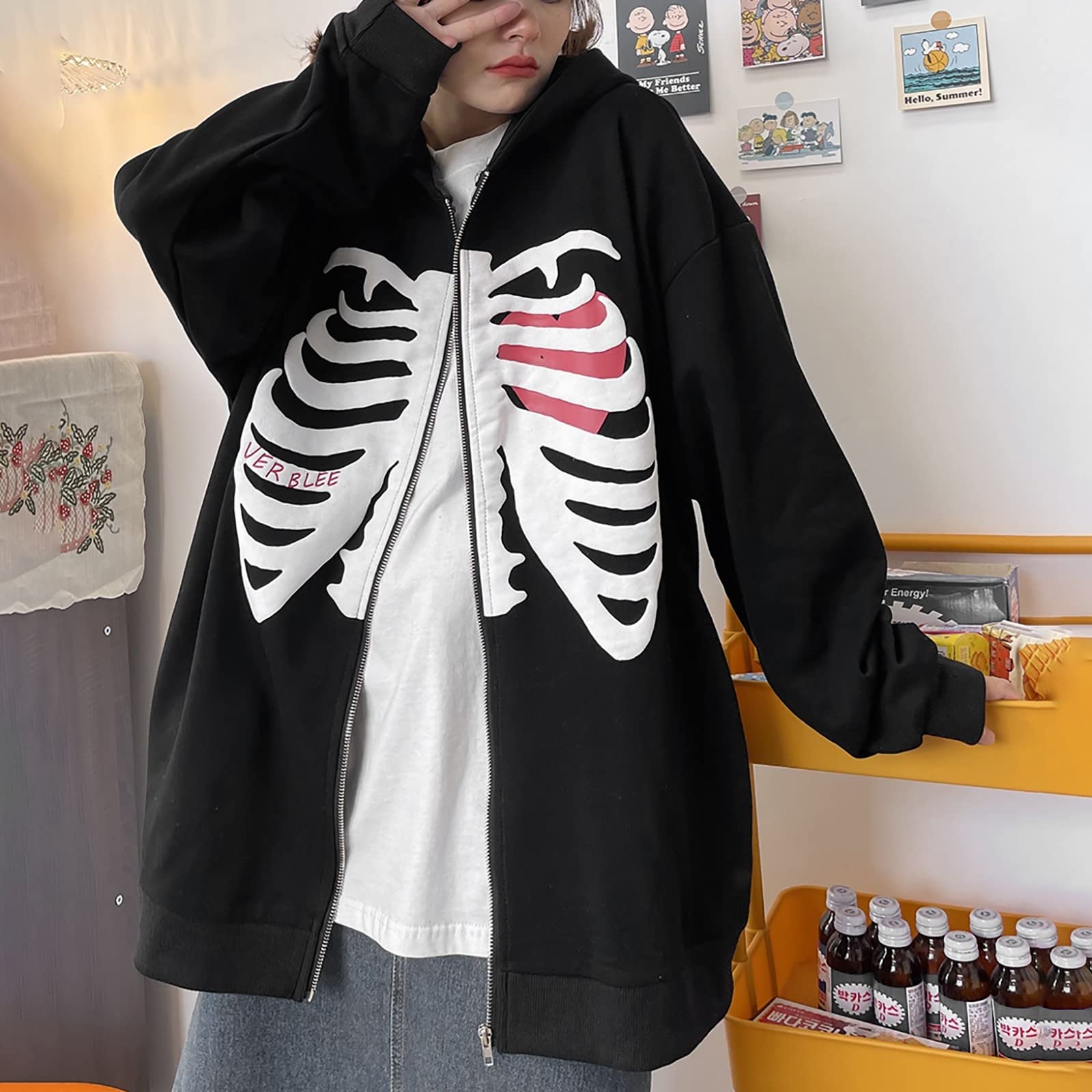 zhuiming Skeleton Zip Up Hoodie for Women Y2k Oversized Skull Graphic Zipper Hooded Jackets Sweatshirts Tops Cute Stuff for Teen Girls Alt Clothing Indie Aesthetic Fairy Grunge Emo Preppy Clothes