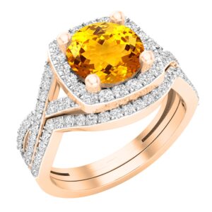 dazzlingrock collection 8 mm round citrine & white cubic zirconia ladies split shank halo wedding ring set, 10k rose gold, size 7.5