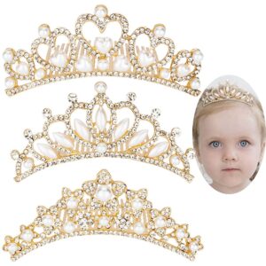 anbala small tiara crown with hair comb, 3 pack mini tiara crown princess crystal shiny hair accessories for 2 3 4 5 6 7 8 9 years girls hair dectoration styling cute hair accessories (gold)