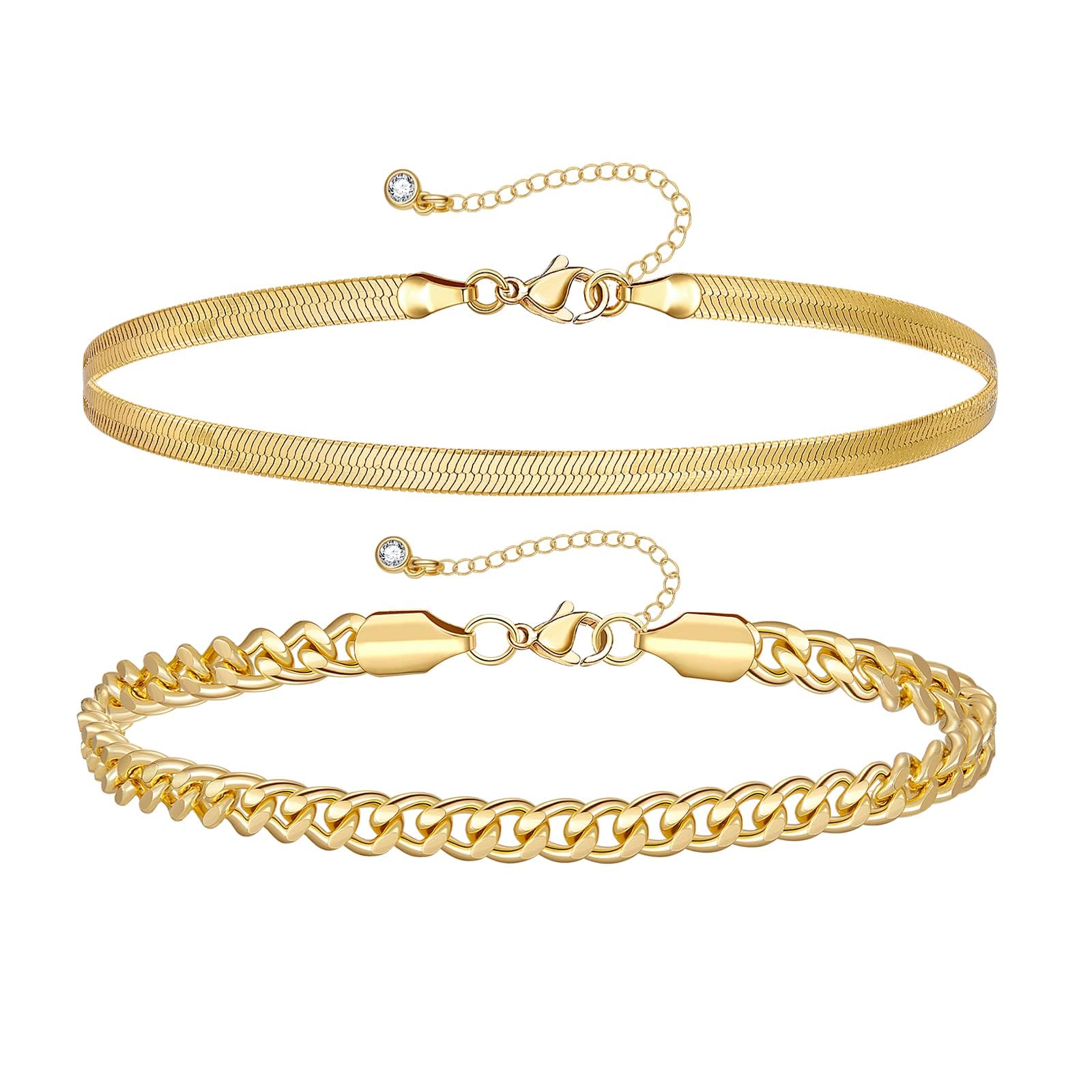 KissYan Gold Layered Ankle Bracelets for Women, Dainty 14k Gold Plated Layering Anklets Set Adjustable Fashion Cuban Link Snake Tennis Chain Ankles Summer Beach Foot Jewelry