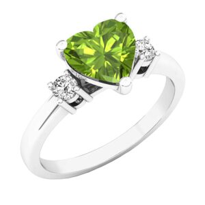 dazzlingrock collection 14k 7 mm heart peridot & round diamond ladies 3 stone engagement ring, white gold, size 5