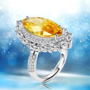 Uloveido Platinum Plated Olive-Shaped Marquise Golden Yellow Zircon Ring for Women, Simulated Citrine Full Citrine Open Ring Adjustable Y1828