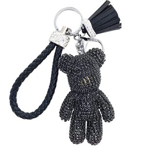 bonici girls fashionable diamond bear pendant keychain bling sparkle luxury bear key-chains keyring gift pendant for handbag tote purse backpack bag decoration car key tassel wrist strap -black