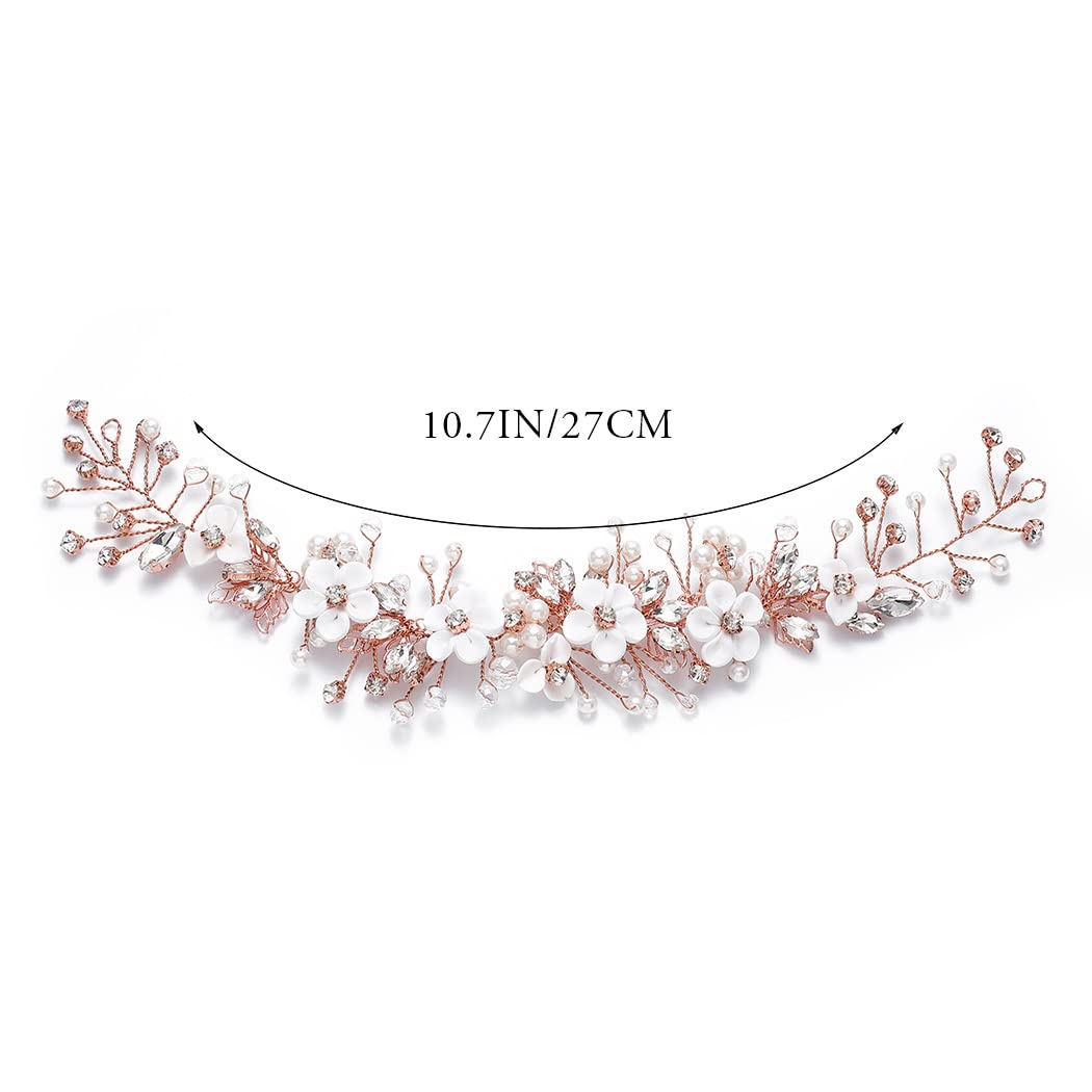 GORAIS Flower Bride Wedding Hair Vine Crystal Bridal Headpieces Pearl Hair Accessories for Women and Girls (C-Rose gold)