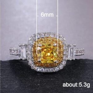 LRGKMCWTOB 925 Sterling Silver Full Diamond Ring Shiny Citrine Ring Square Cut 6CT Canary Yellow Halo Square Cushion Cut CZ Cubic Zirconia Statement Eternity Engagement Wedding Band Ring (Size 7)