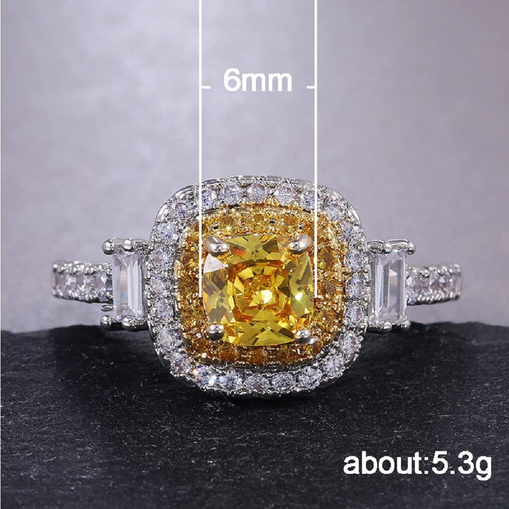 LRGKMCWTOB 925 Sterling Silver Full Diamond Ring Shiny Citrine Ring Square Cut 6CT Canary Yellow Halo Square Cushion Cut CZ Cubic Zirconia Statement Eternity Engagement Wedding Band Ring (Size 7)