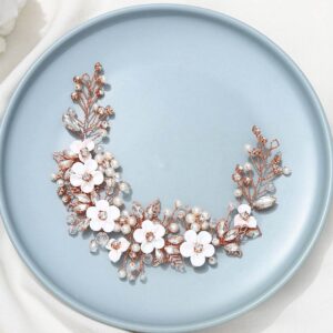 GORAIS Flower Bride Wedding Hair Vine Crystal Bridal Headpieces Pearl Hair Accessories for Women and Girls (C-Rose gold)