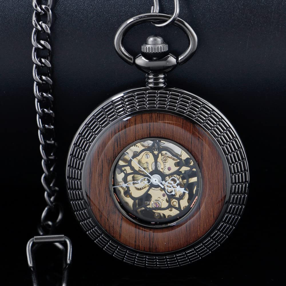 Men's Pocket Watch Mechanical Hand-Wind Steampunk Wood Grain Hollow Classic Design with Chain & Box