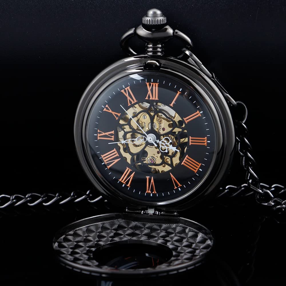 Men's Pocket Watch Mechanical Hand-Wind Steampunk Wood Grain Hollow Classic Design with Chain & Box