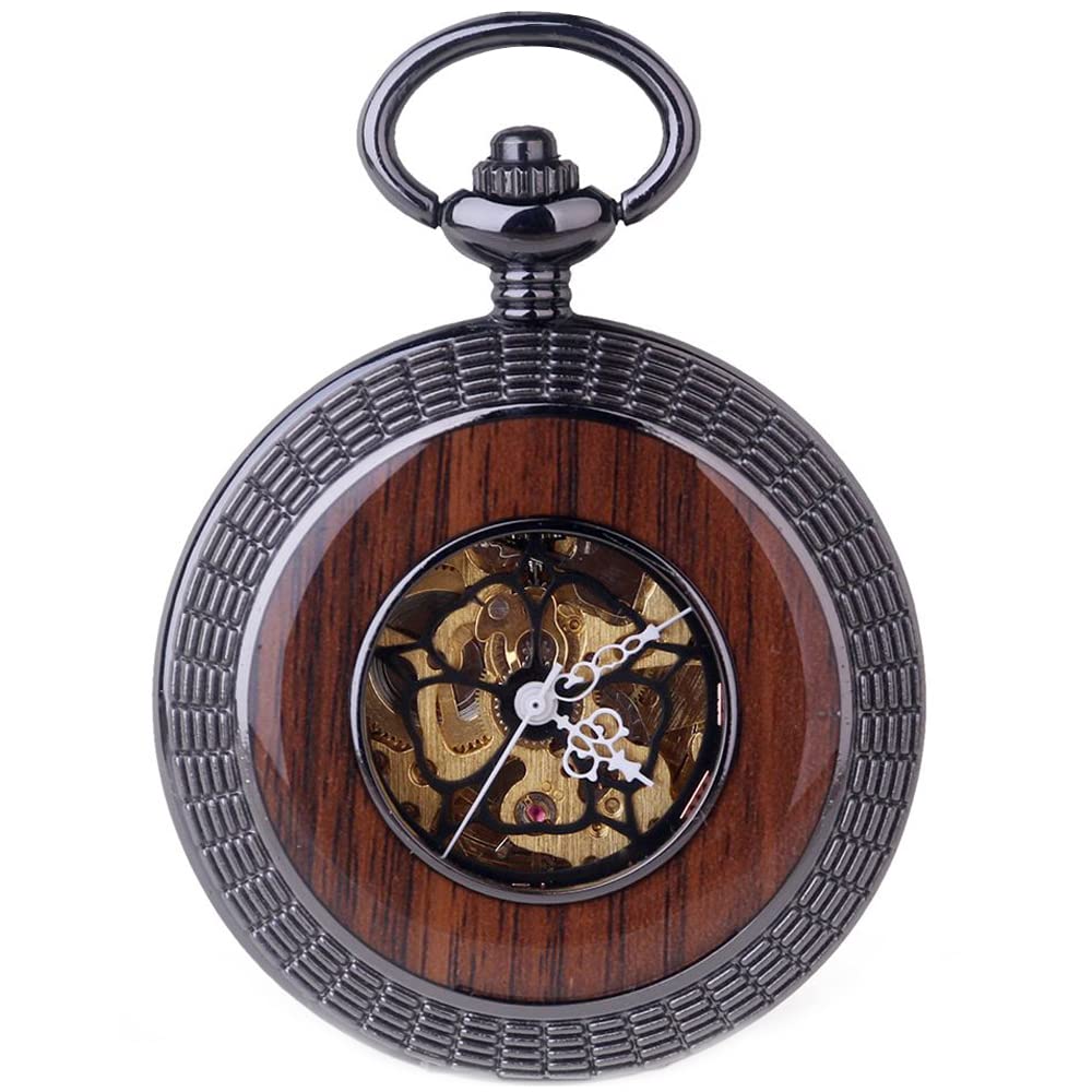 Men's Pocket Watch Mechanical Hand-Wind Steampunk Wood Grain Hollow Classic Design with Chain & Box