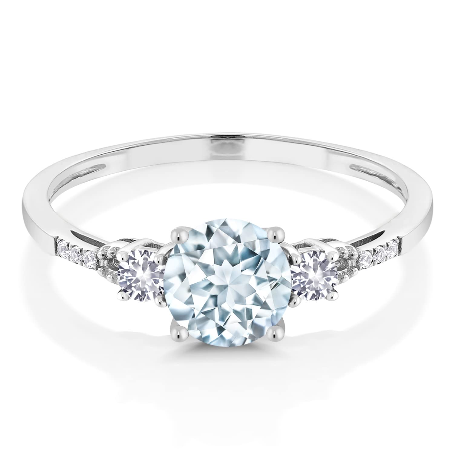 Gem Stone King 10K White Gold Sky Blue Aquamarine White Created Sapphire and White Diamond Accent 3-Stone Engagement Ring For Women | 0.89 Cttw | Round 6MM | Available In Size 5-9.5