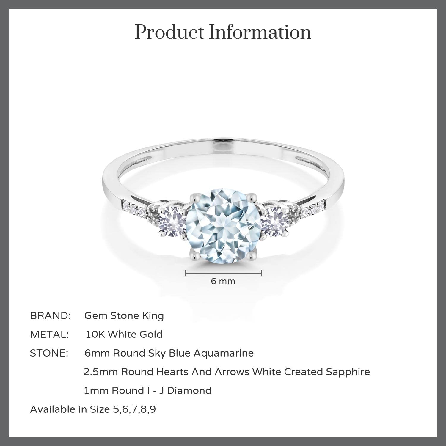 Gem Stone King 10K White Gold Sky Blue Aquamarine White Created Sapphire and White Diamond Accent 3-Stone Engagement Ring For Women | 0.89 Cttw | Round 6MM | Available In Size 5-9.5