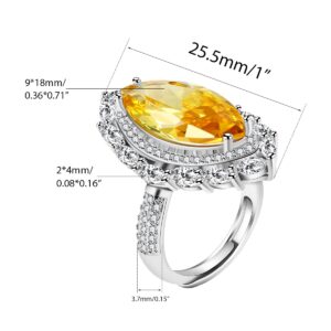 Uloveido Platinum Plated Olive-Shaped Marquise Golden Yellow Zircon Ring for Women, Simulated Citrine Full Citrine Open Ring Adjustable Y1828