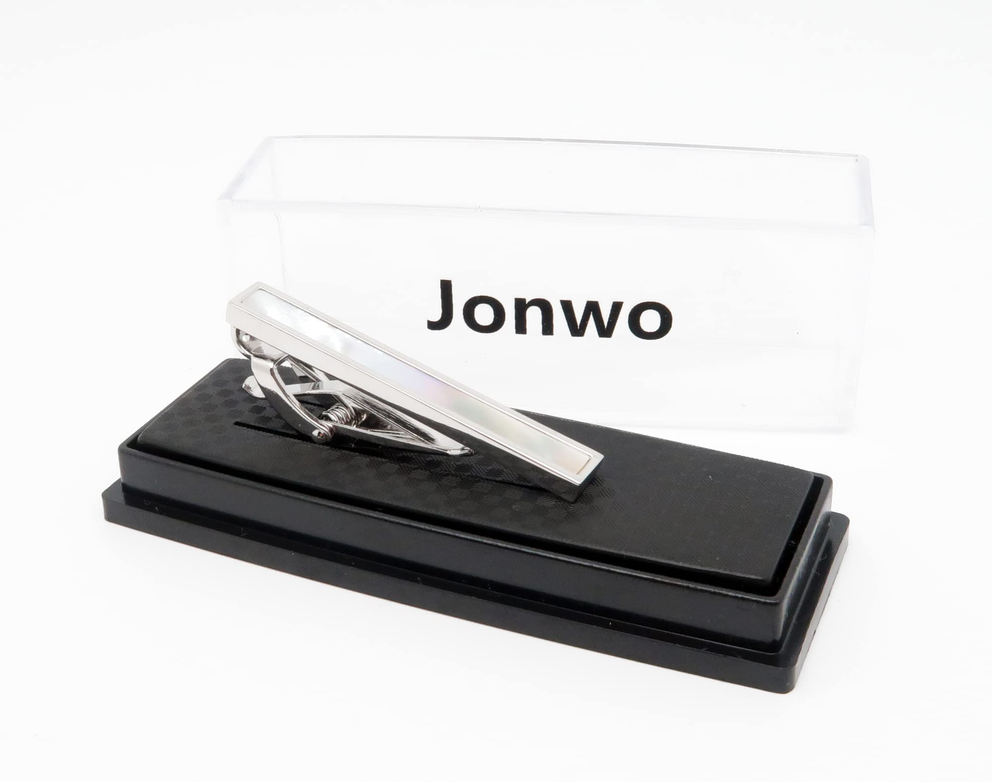 Jonwo Mother of Pearl Men's Tie Clip With Presentation Box Tie Bar for Gentleman Regular Necktie Tie Pin for Daily Business Anniversary Wedding Occasions (Silver Tie Clip)