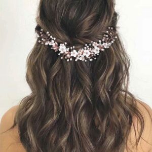 GORAIS Flower Bride Wedding Hair Vine Crystal Bridal Headpieces Pearl Hair Accessories for Women and Girls (C-Rose gold)