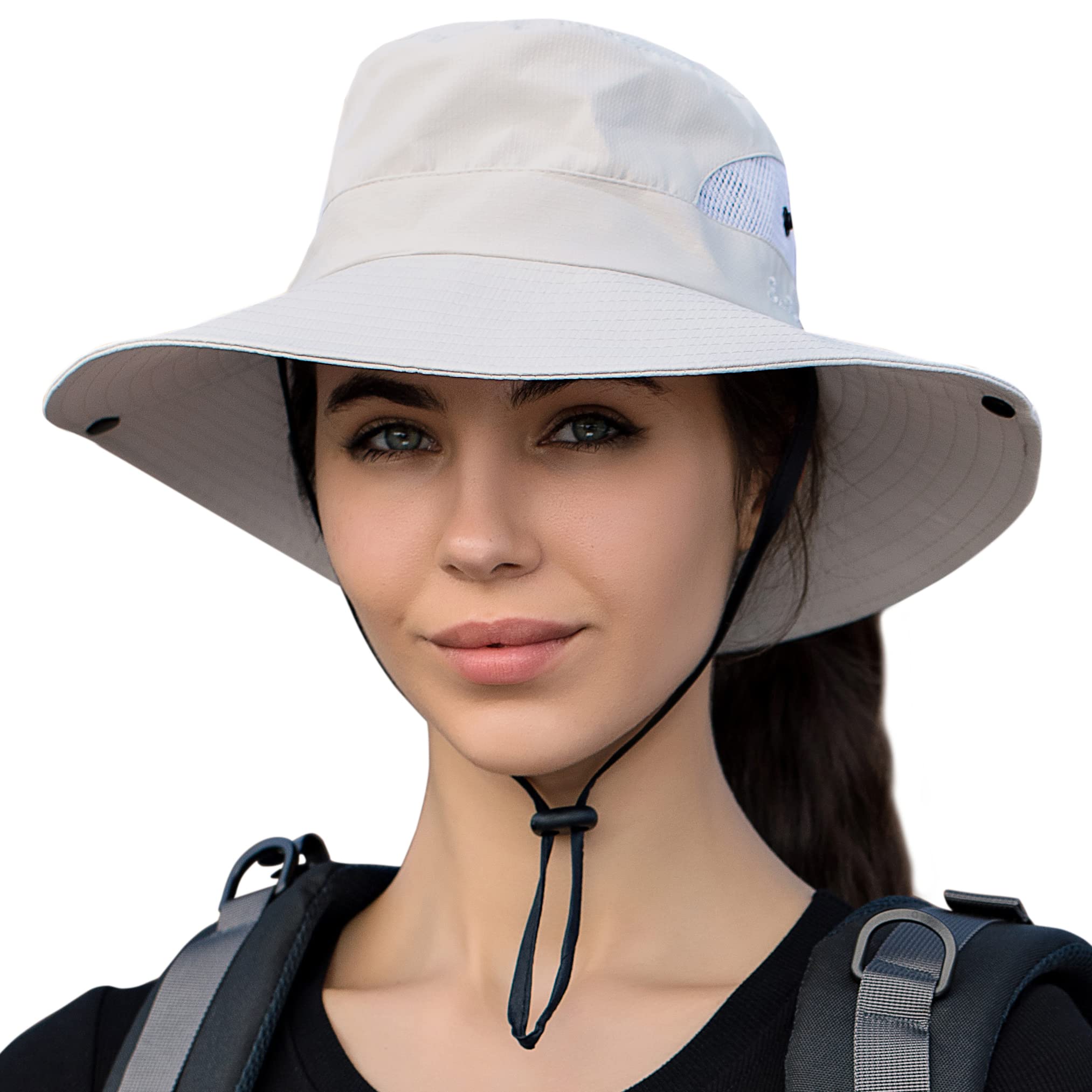 Women Ponytail Summer Sun Hat Wide Brim UV Hats Floppy Bucket Cap for Safari Beach Fishing Gardening Pure Beige