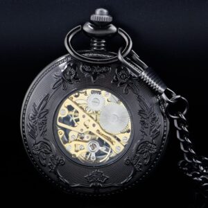 Men's Pocket Watch Mechanical Hand-Wind Steampunk Wood Grain Hollow Classic Design with Chain & Box