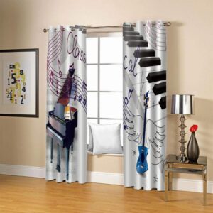 Piano Guitar Blackout Curtains, Music Equipment 3D Printed Drapes, 2 Panels Window Curtains, Grommet Thermal Insulated Window Curtain for Bedroom Living Room Windows 1m²