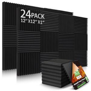 24 pack acoustic panels, 1" x 12" x 12" acoustic foam panels, sound proof foam panels, self-adhesive soundproof wall panels,fire-proofed soundproofing wedges,acoustic treatment foam for home-black