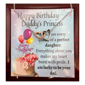 kindpaw birthday gift necklace for daughter from dad – comes with a birthday wishes message card and a jewelry box (interlocking heart necklace)