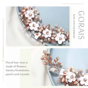 GORAIS Flower Bride Wedding Hair Vine Crystal Bridal Headpieces Pearl Hair Accessories for Women and Girls (C-Rose gold)