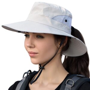 women ponytail summer sun hat wide brim uv hats floppy bucket cap for safari beach fishing gardening pure beige