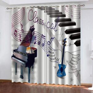 Piano Guitar Blackout Curtains, Music Equipment 3D Printed Drapes, 2 Panels Window Curtains, Grommet Thermal Insulated Window Curtain for Bedroom Living Room Windows 1m²