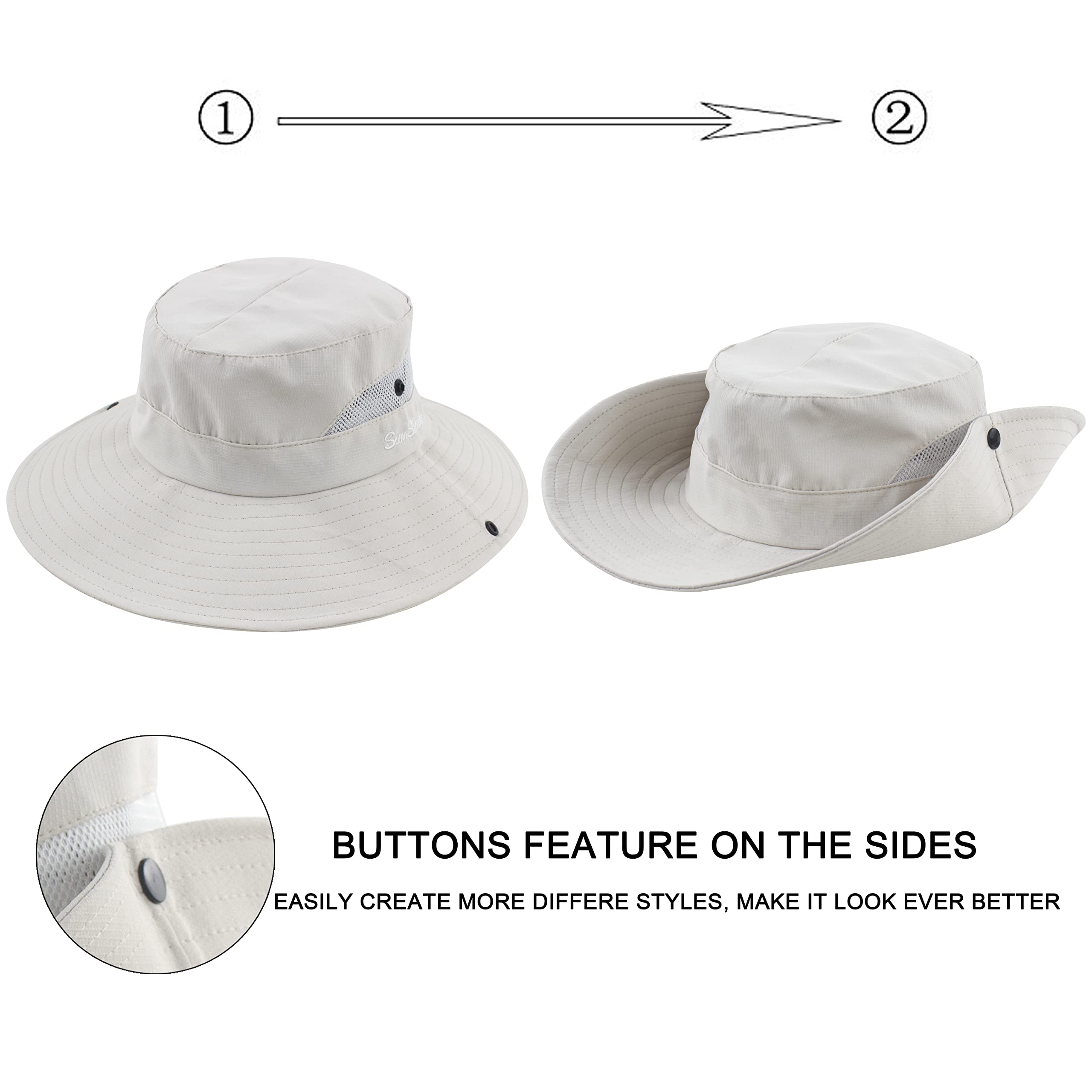 Women Ponytail Summer Sun Hat Wide Brim UV Hats Floppy Bucket Cap for Safari Beach Fishing Gardening Pure Beige