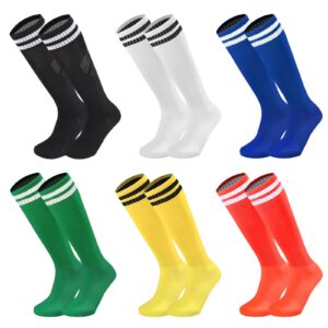 ultrafun 6 pairs kids youth soccer socks solid striped knee high tube football sports socks for boys girls 6-12 years old (6pairs-multicolor)