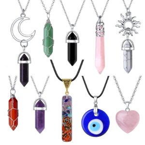 maibaota 10 pcs crystal necklace healing amethyst crystals carnelian chakra necklaces evil eye necklace vintage hippie wiccan boho rose quartz moon sun jewelry heart gemstone pendant for women,