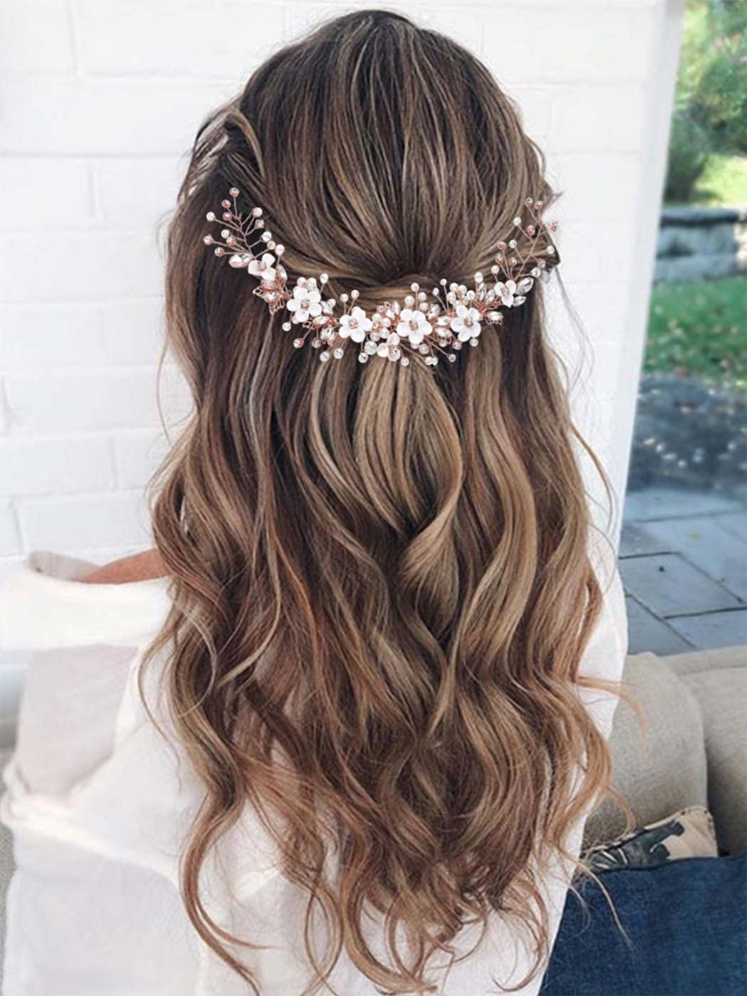 GORAIS Flower Bride Wedding Hair Vine Crystal Bridal Headpieces Pearl Hair Accessories for Women and Girls (C-Rose gold)