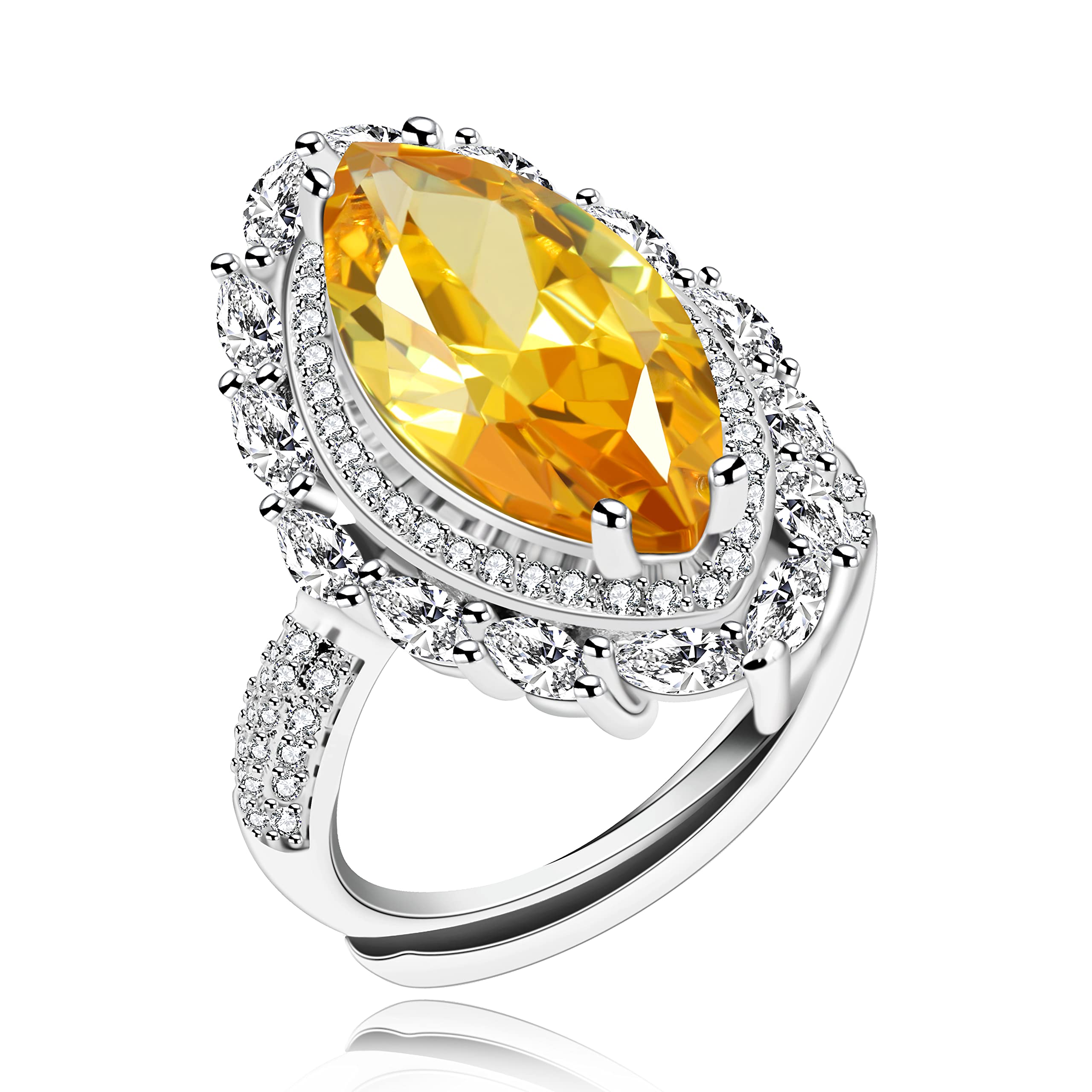 Uloveido Platinum Plated Olive-Shaped Marquise Golden Yellow Zircon Ring for Women, Simulated Citrine Full Citrine Open Ring Adjustable Y1828